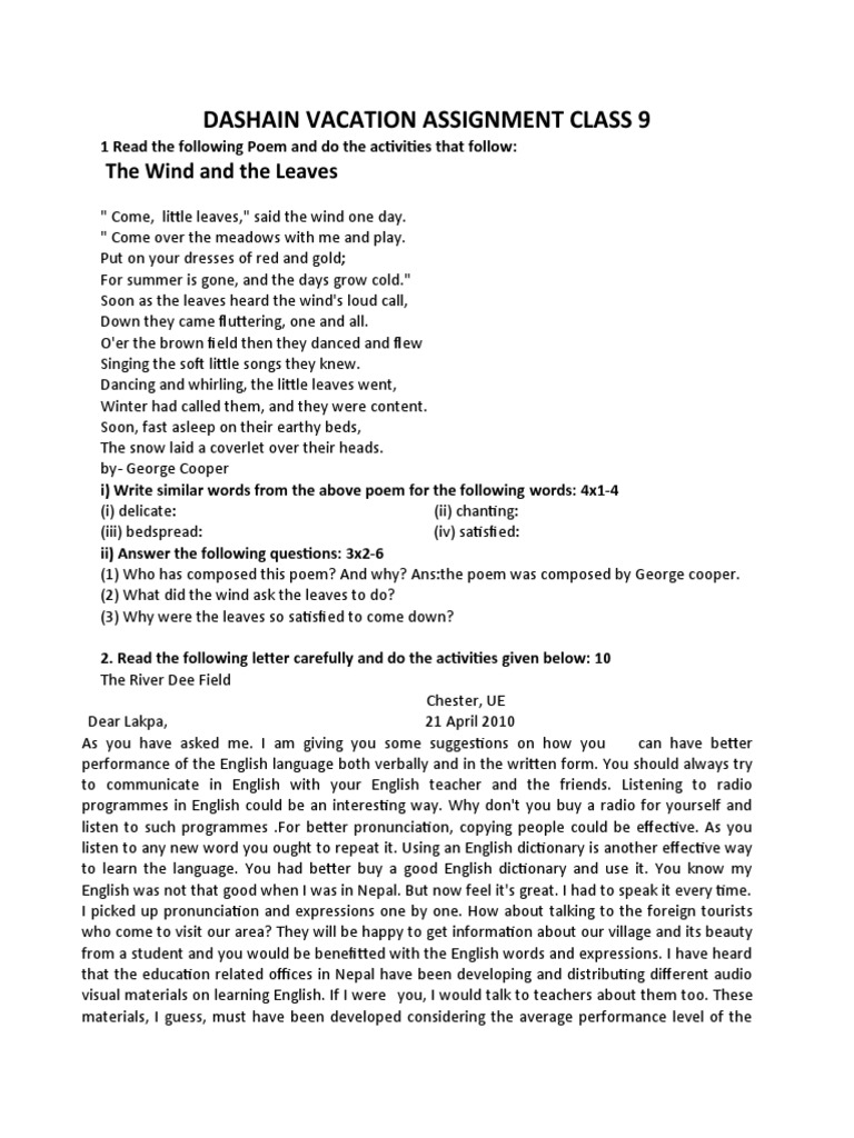 Dashain Vacation Assignment Class 9 | PDF | English Language | Human Communication
