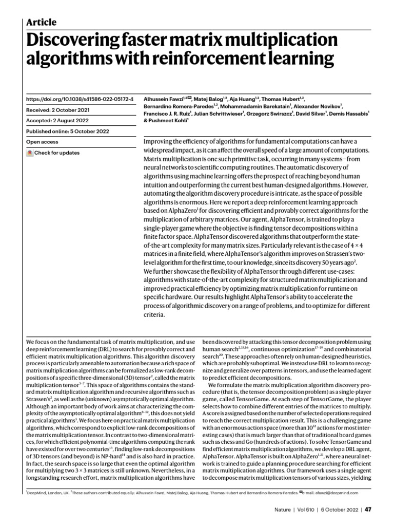 Discovering Faster Matrix Multiplication Algorithms With Reinforcement Learning | PDF
