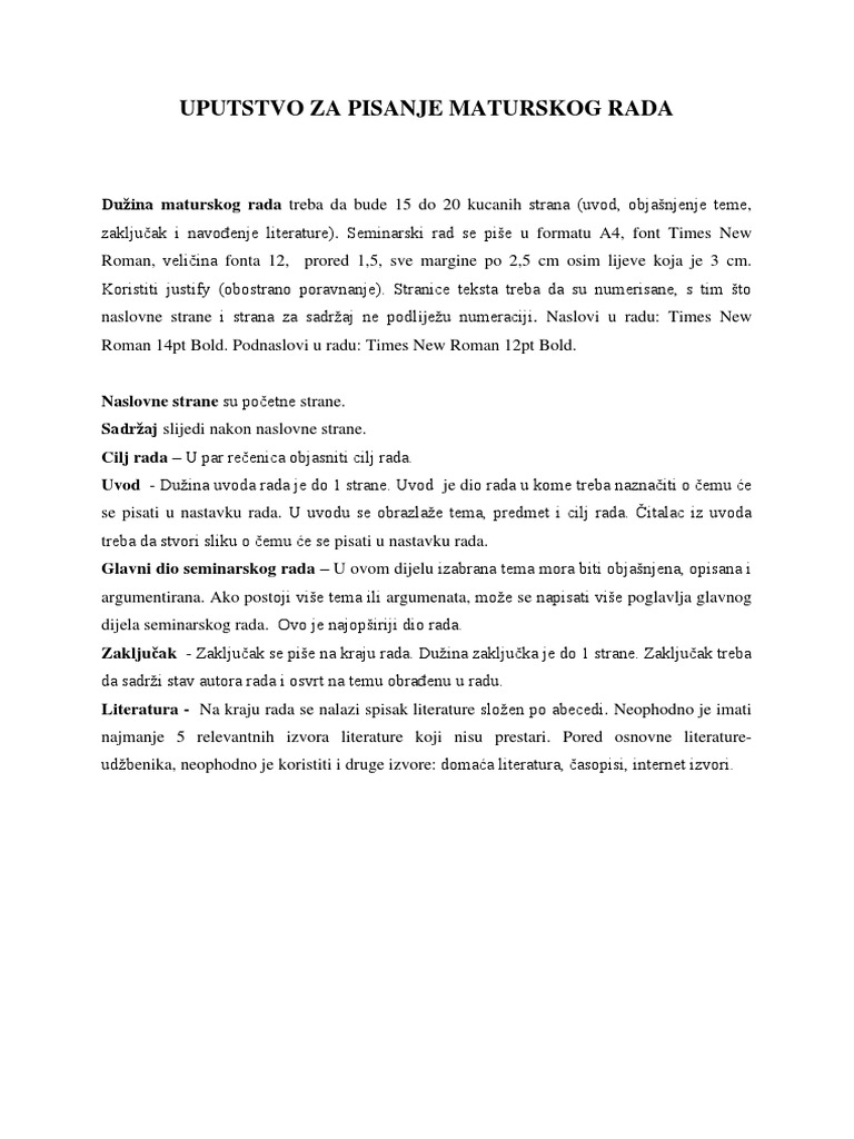 Uputstvo Za Pisanje Maturskog Rada | PDF