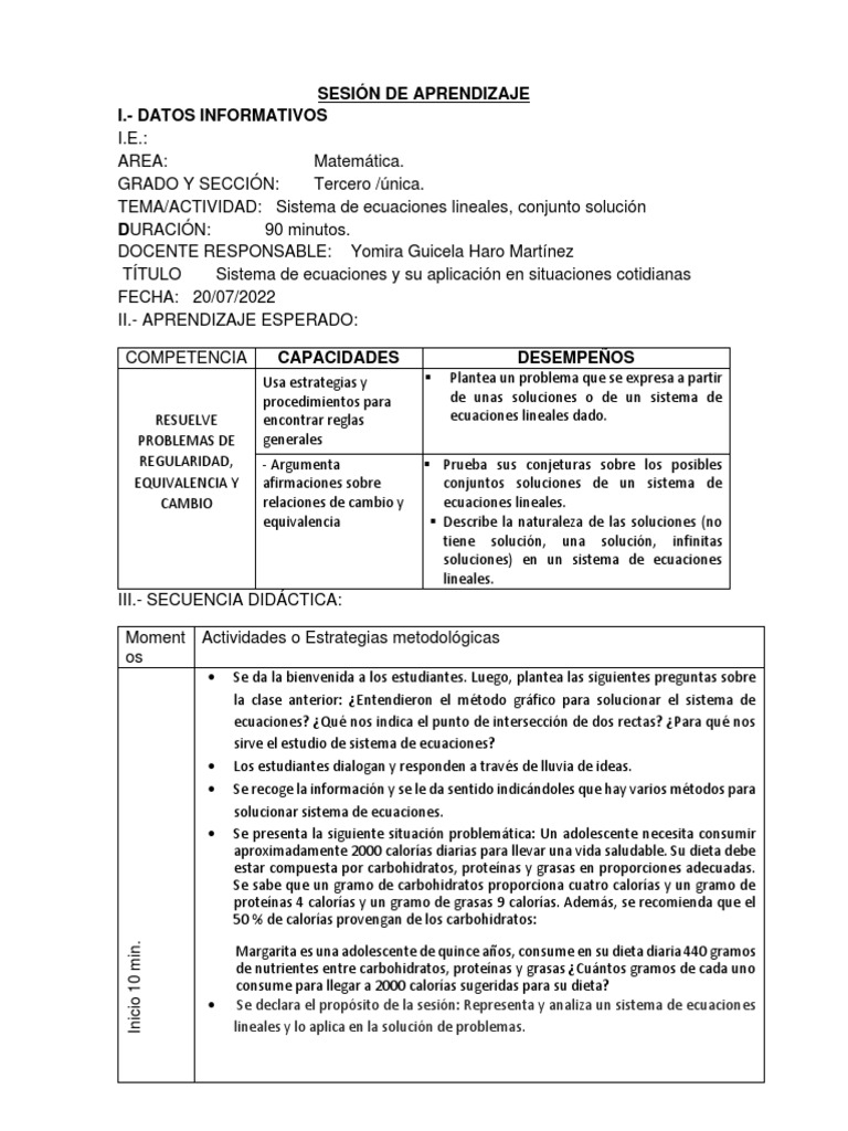 Sesion de Aprendizaje 3° Grado | PDF | Ecuaciones | Sistema de ecuaciones lineales