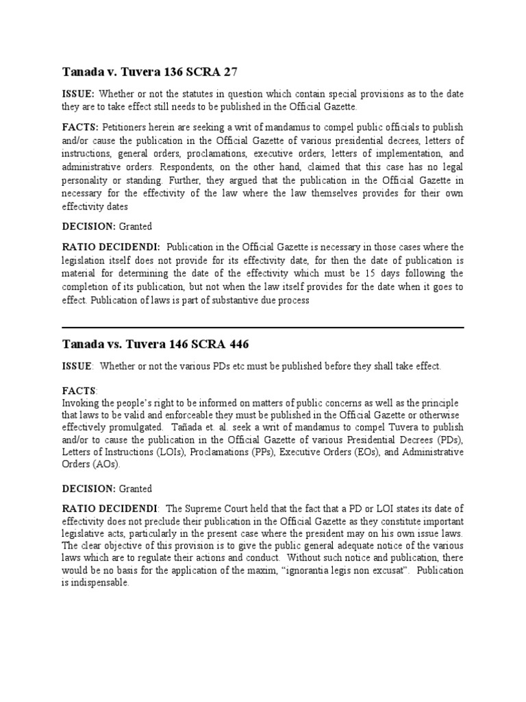 Tanada vs. Tuvera, 136 SCRA 27 146SCRA 447 | PDF