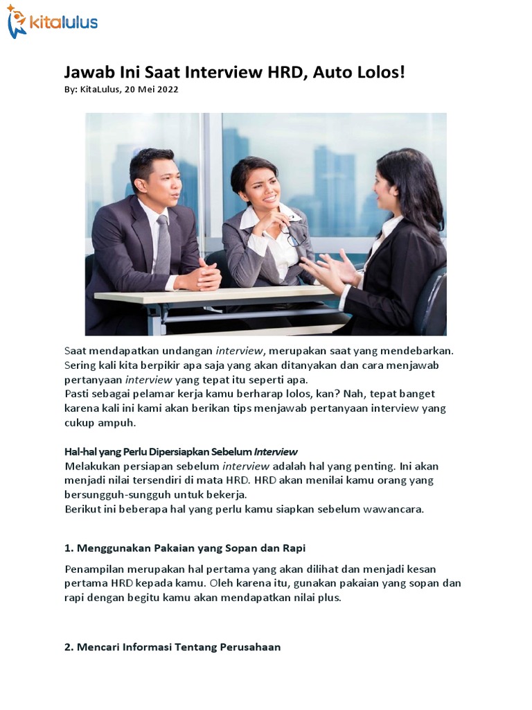 Tips Jawaban Wawancara HRD yang Efektif | PDF | Karier & Perkembangan | Bisnis