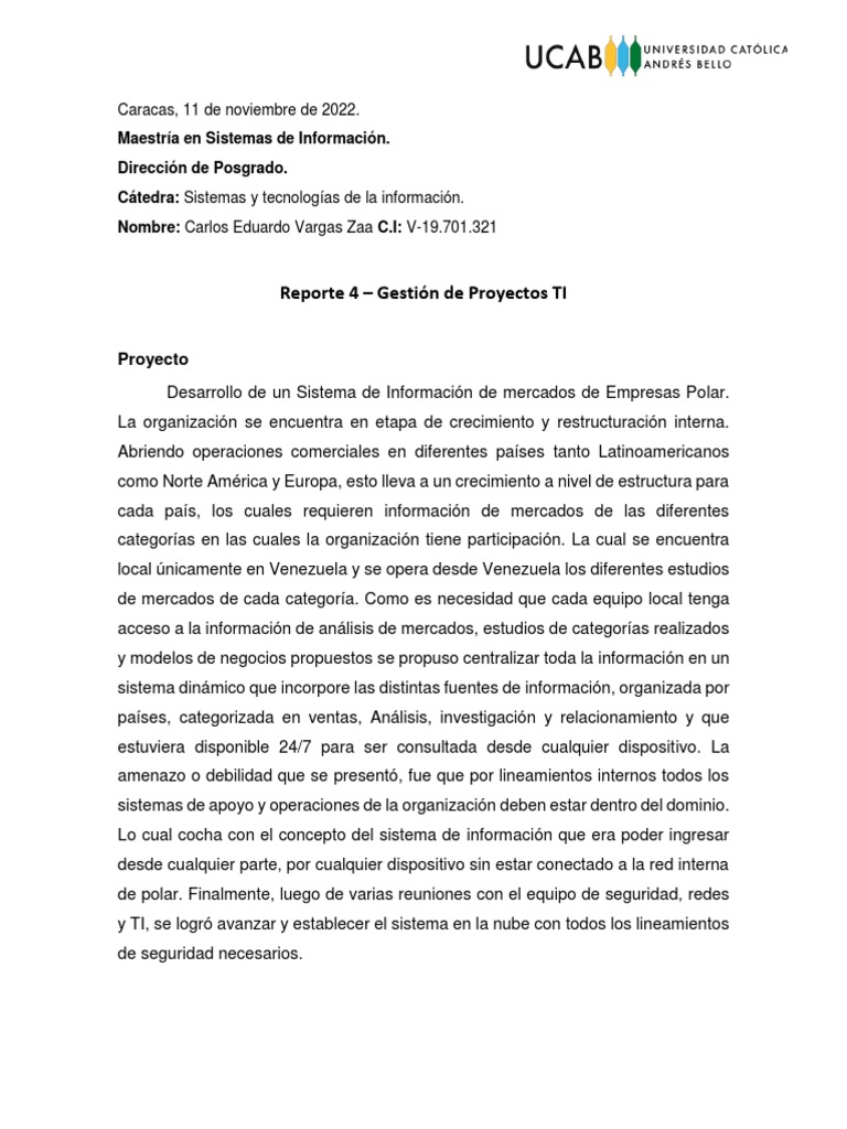 Reporte 4 - Gestion de Proyectos - Carlos Vargas | PDF | Informática