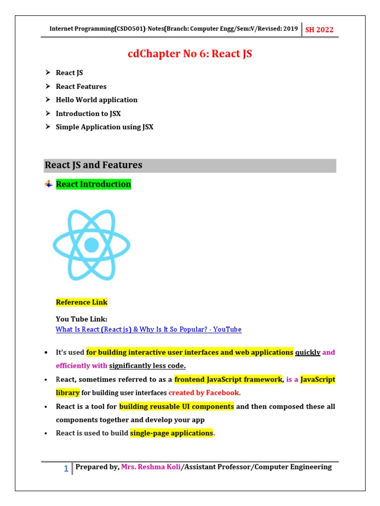 Ip Chapter No 6 React Js Sh 2022 Prepared By Reshma Koli Pdf Document Object Model Java