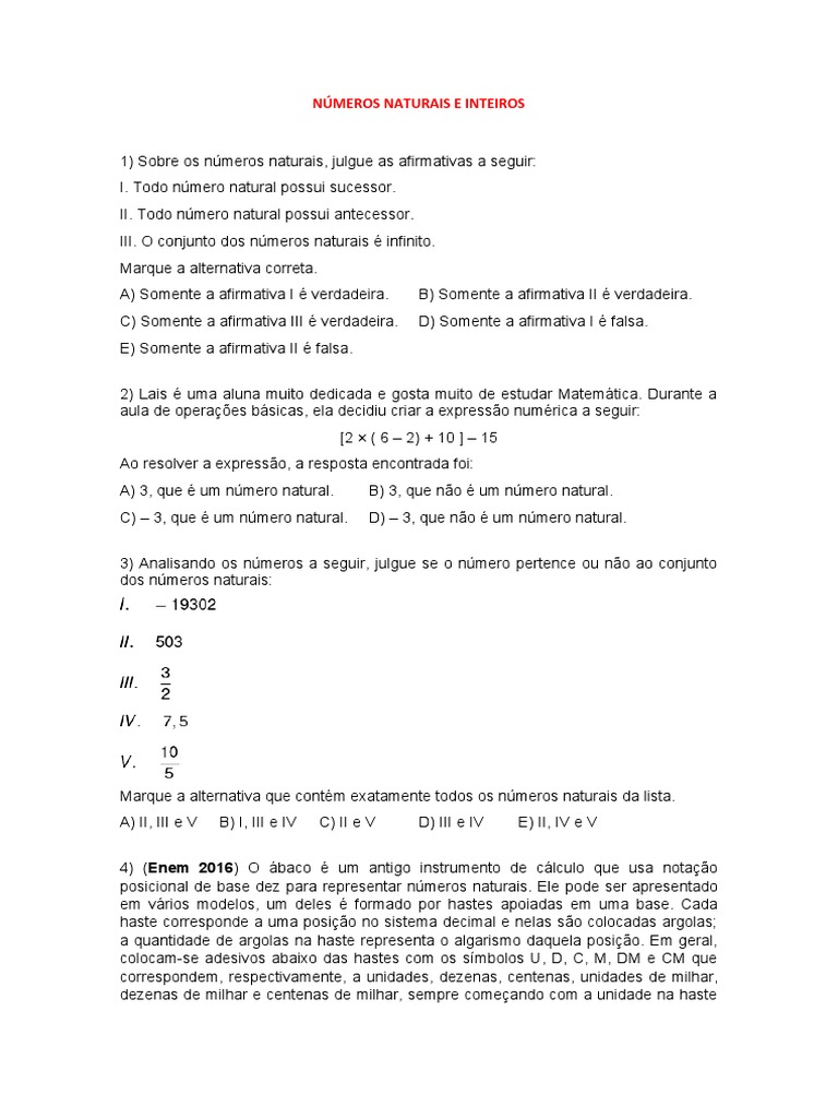 Exercícios Números Naturais e Inteiros | PDF | Número natural | Notação ...