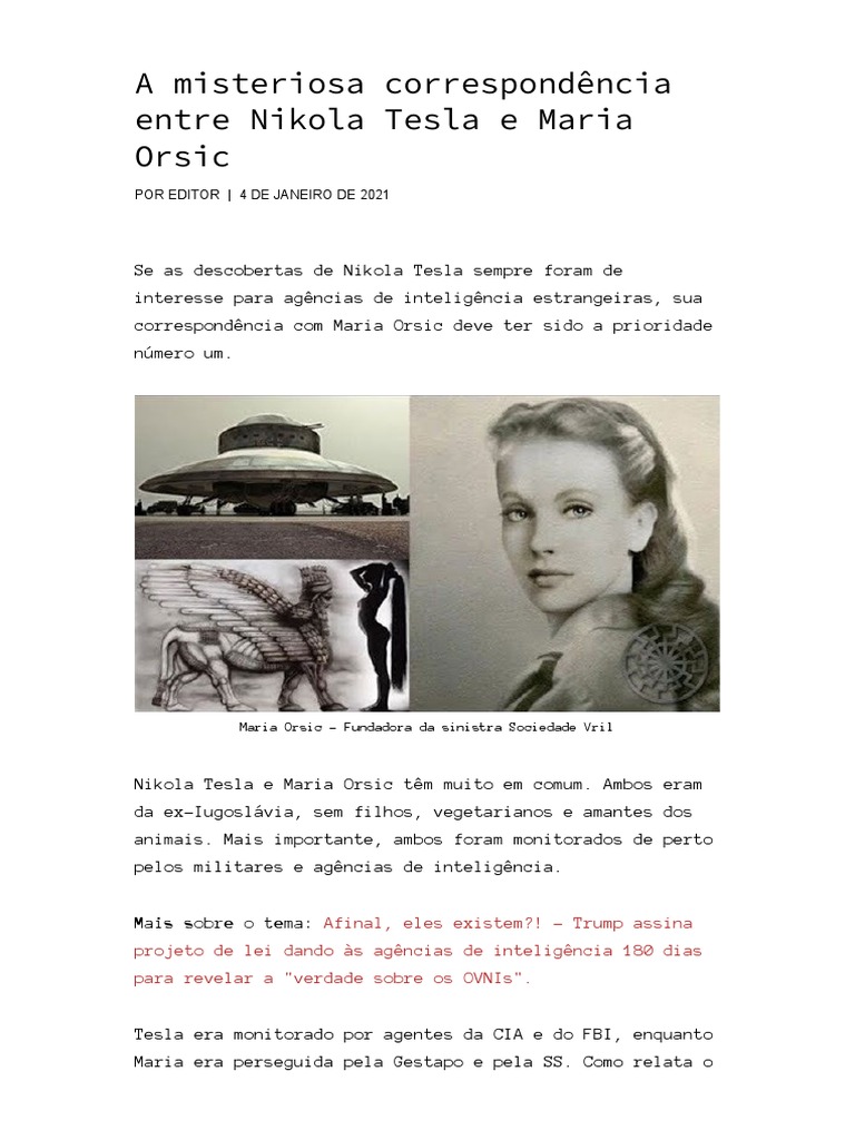 A Misteriosa Correspondência Entre Nikola Tesla e Maria Orsic - News ...