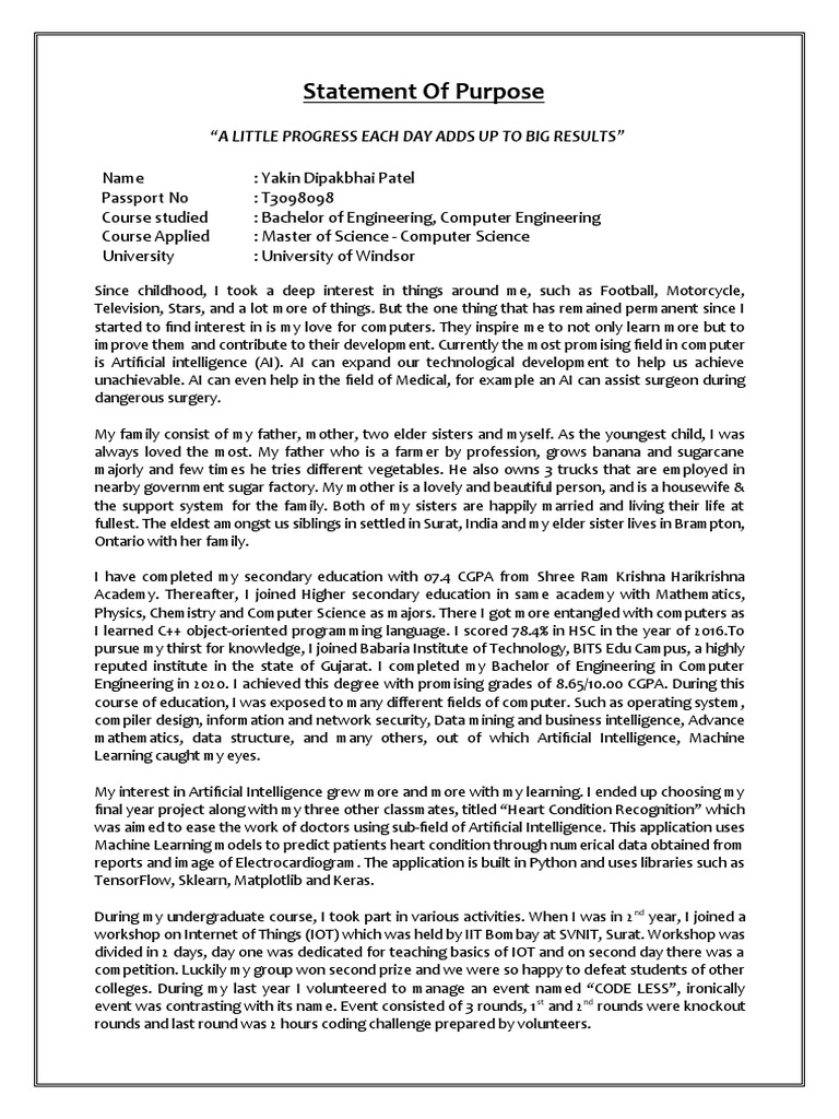 A Promising Future in Artificial Intelligence: Statement of Purpose for ...