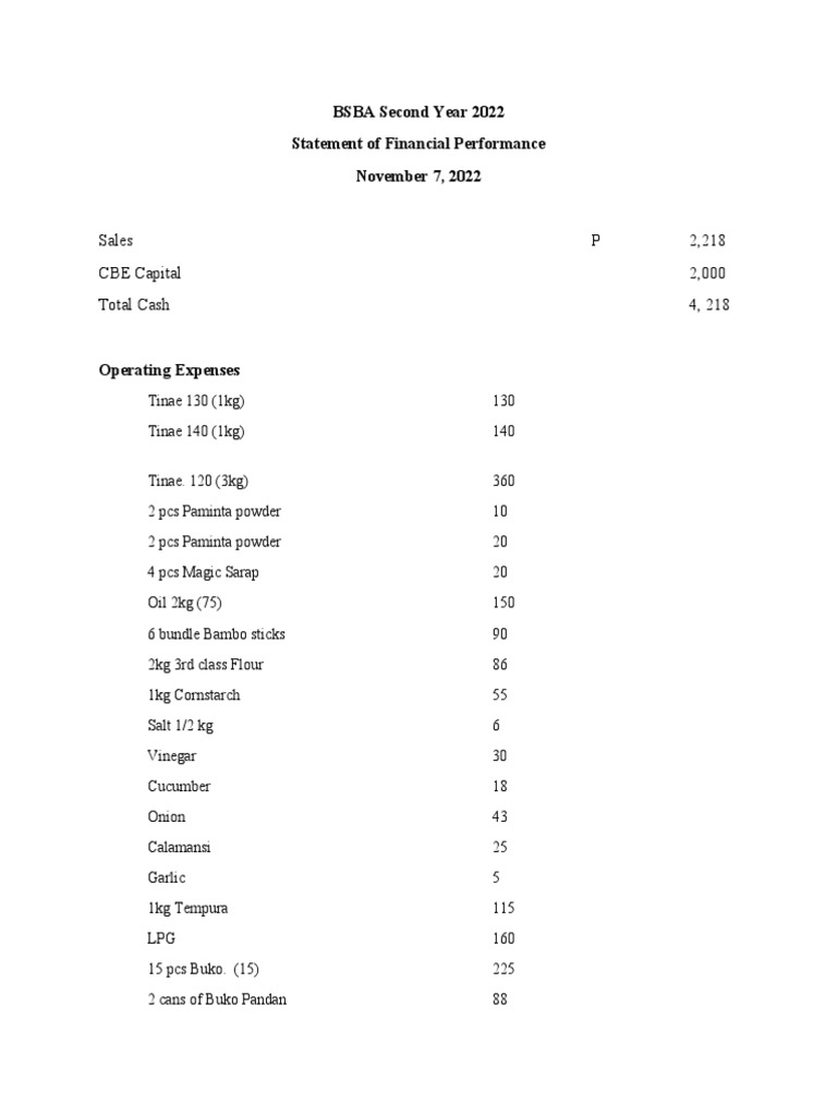 Statement of Financial Performance for BSBA Second Year Tabo Booth on ...