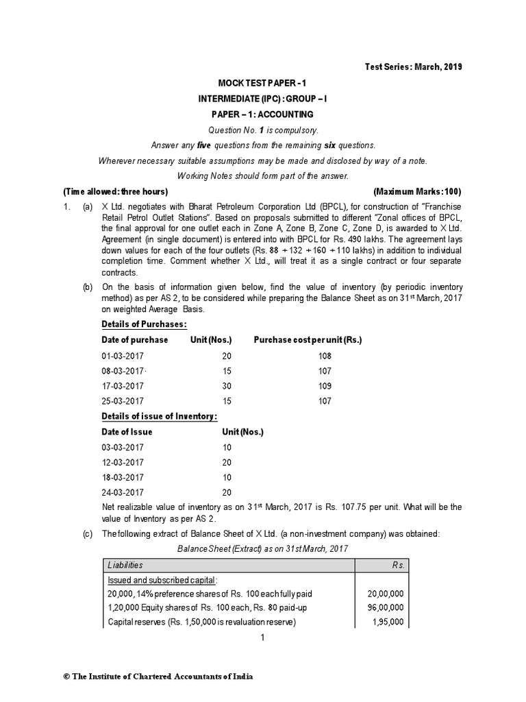 Accounts Mock Test May 2019 | PDF | Equity (Finance) | Balance Sheet