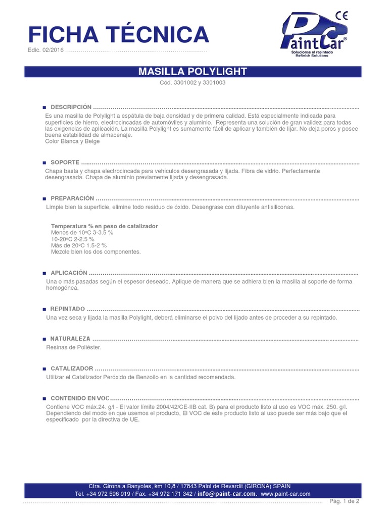 F.T. 3301002 3301003 Masilla Polylight SP Es | PDF | Materiales | Química
