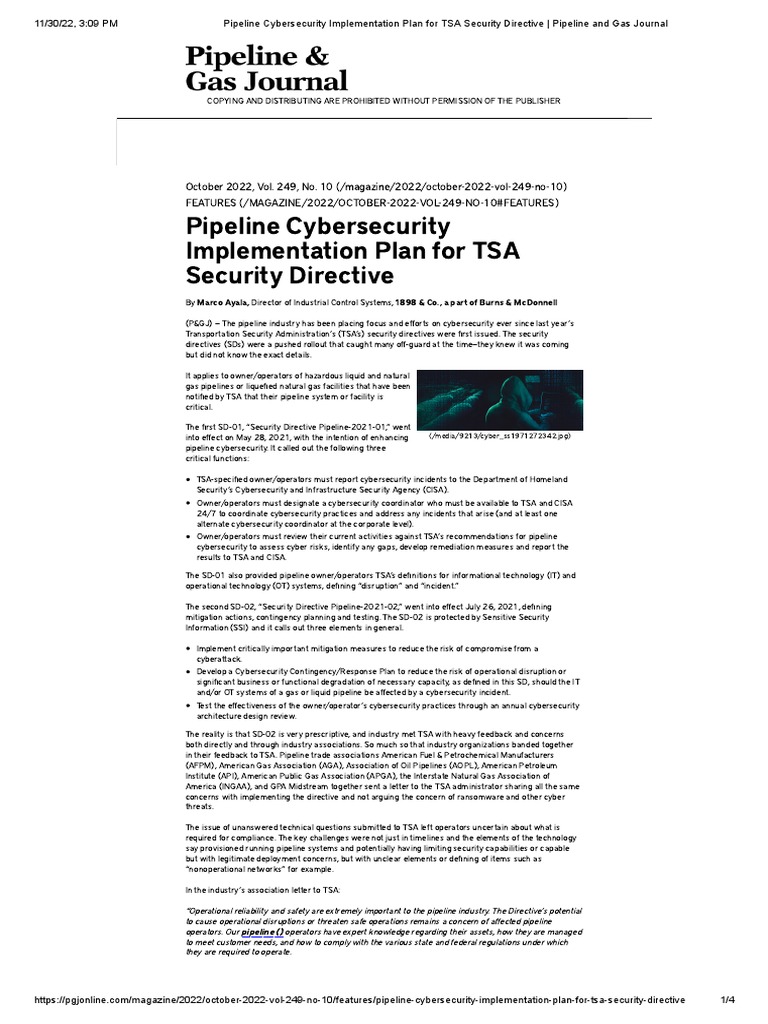 Pipeline Cybersecurity Implementation Plan For TSA Security Directive ...