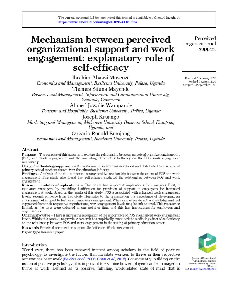 Mechanism Between Perceived Organizational Support and Work Engagement: Explanatory Role of Self ...