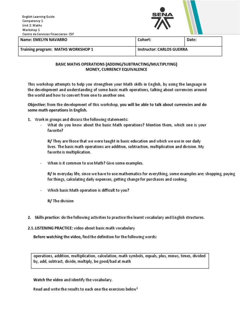 Workshop 1 - Maths - March 20 | PDF | United States Dollar | Dollar