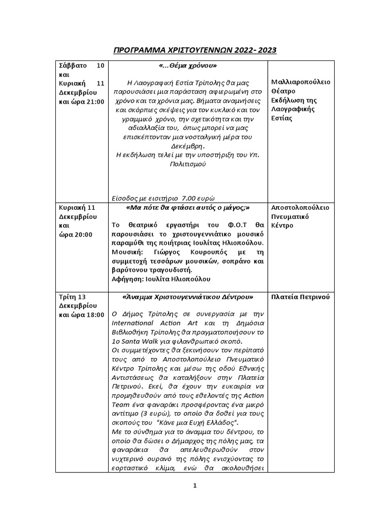 ΤΕΛΙΚΟ ΠΡΟΓΡΑΜΜΑ ΧΡΙΣΤΟΥΓΕΝΝΙΑΤΙΚΩΝ ΕΚΔΗΛΩΣΕΩΝ 2022 | PDF