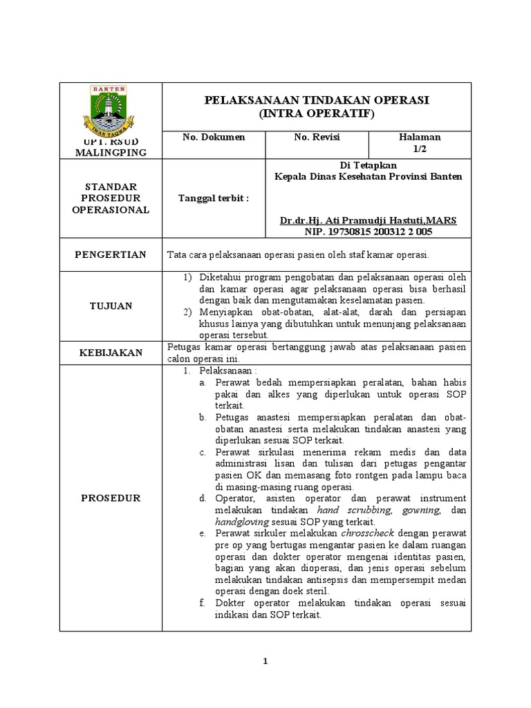 Spo Pelaksanaan Tindakan Operasi (Intra Operatif) | PDF