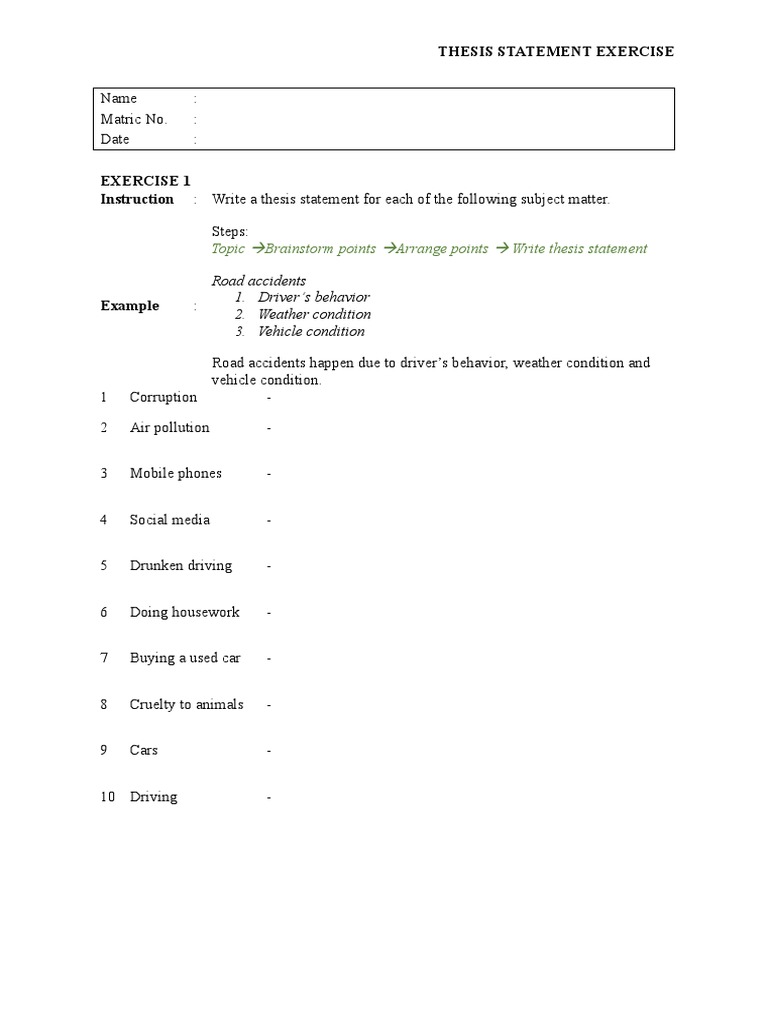 Writing Thesis Statement Exercise | PDF