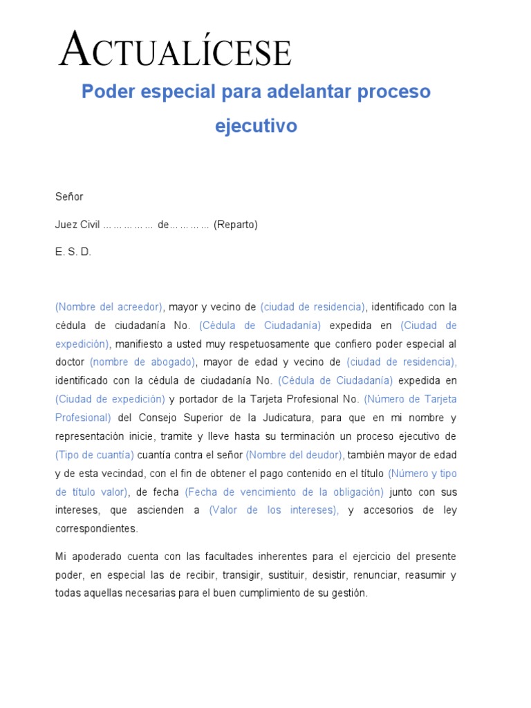 Poder Especial para Adelantar Proceso Ejecutivo | PDF