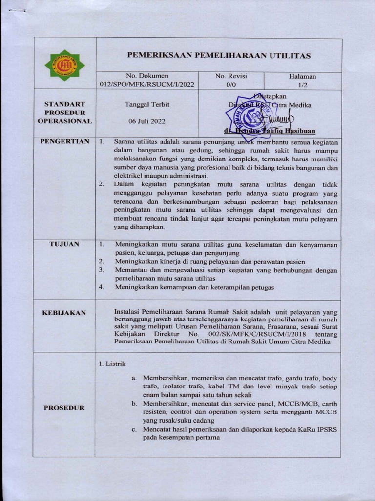 Spo Pemeriksaan Pemeriksaan Utilitas RSCM | PDF