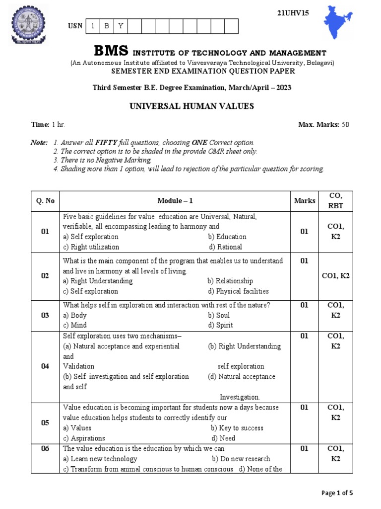 UHV Model Question Paper Nov 2022 | PDF | Happiness | Consciousness