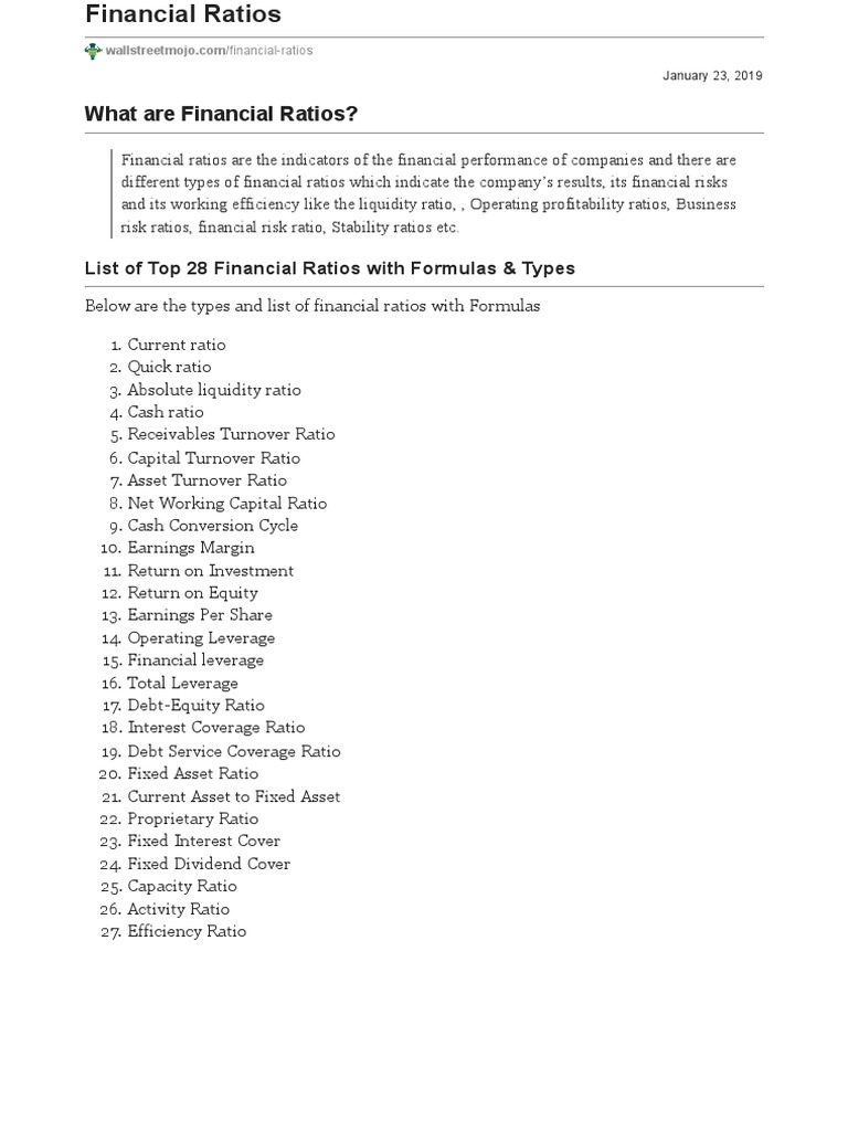 Financial Ratios - Top 28 Financial Ratios (Formulas, Type) | PDF ...