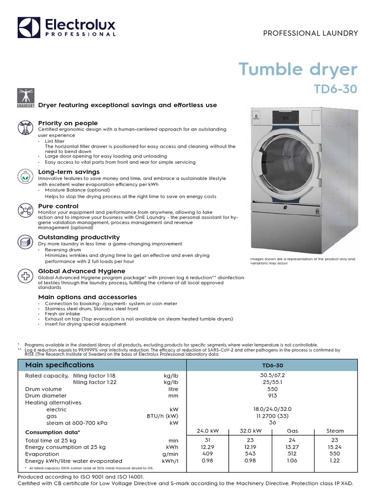 Electrolux TD6-30 Tumble Dryer Specs | PDF | Clothes Dryer | Pressure
