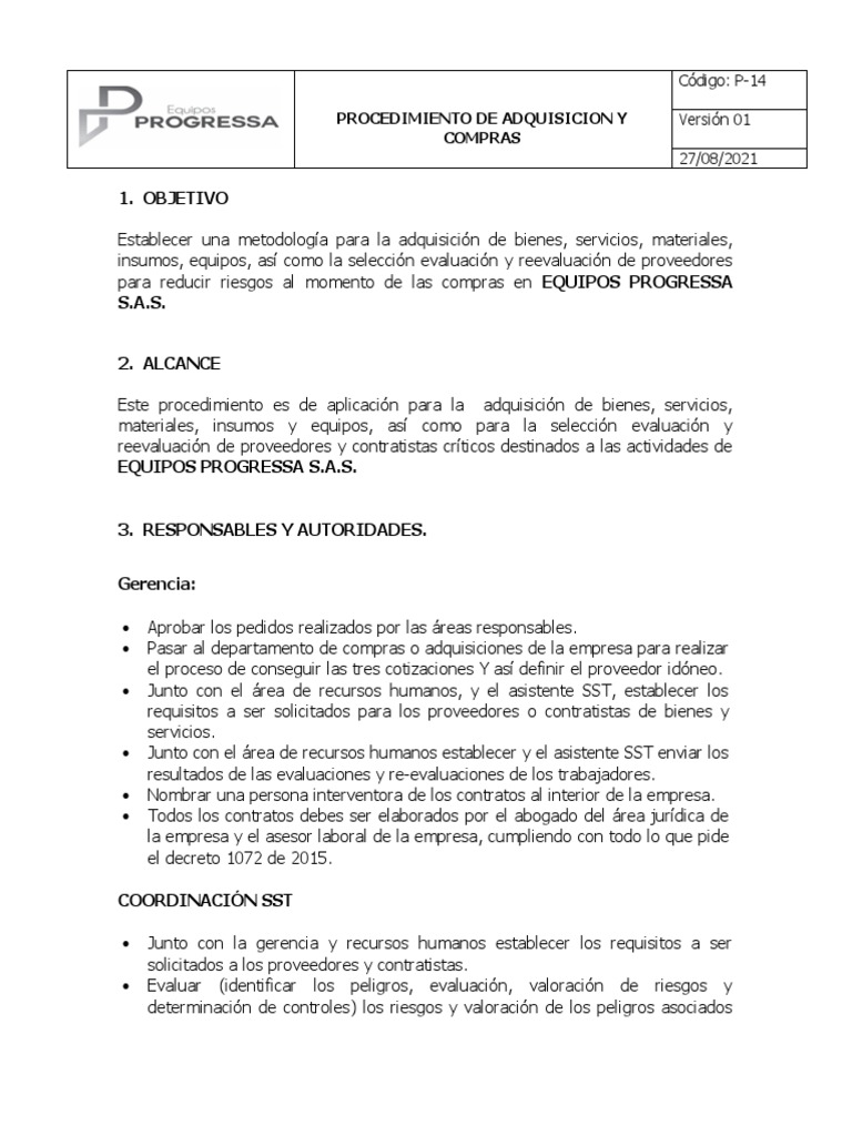 P-14 Procedimiento de Compras y Adquisiciones | PDF | Gestión de recursos humanos | Business