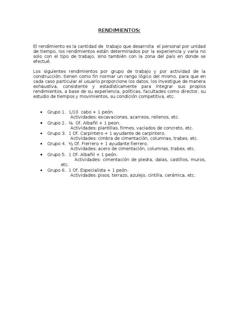 Tabla de Rendimientos | PDF | Fundación (Ingeniería) | edificio
