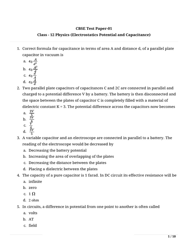 Class 12 Physics: Electrostatics Quiz | PDF | Capacitor | Capacitance