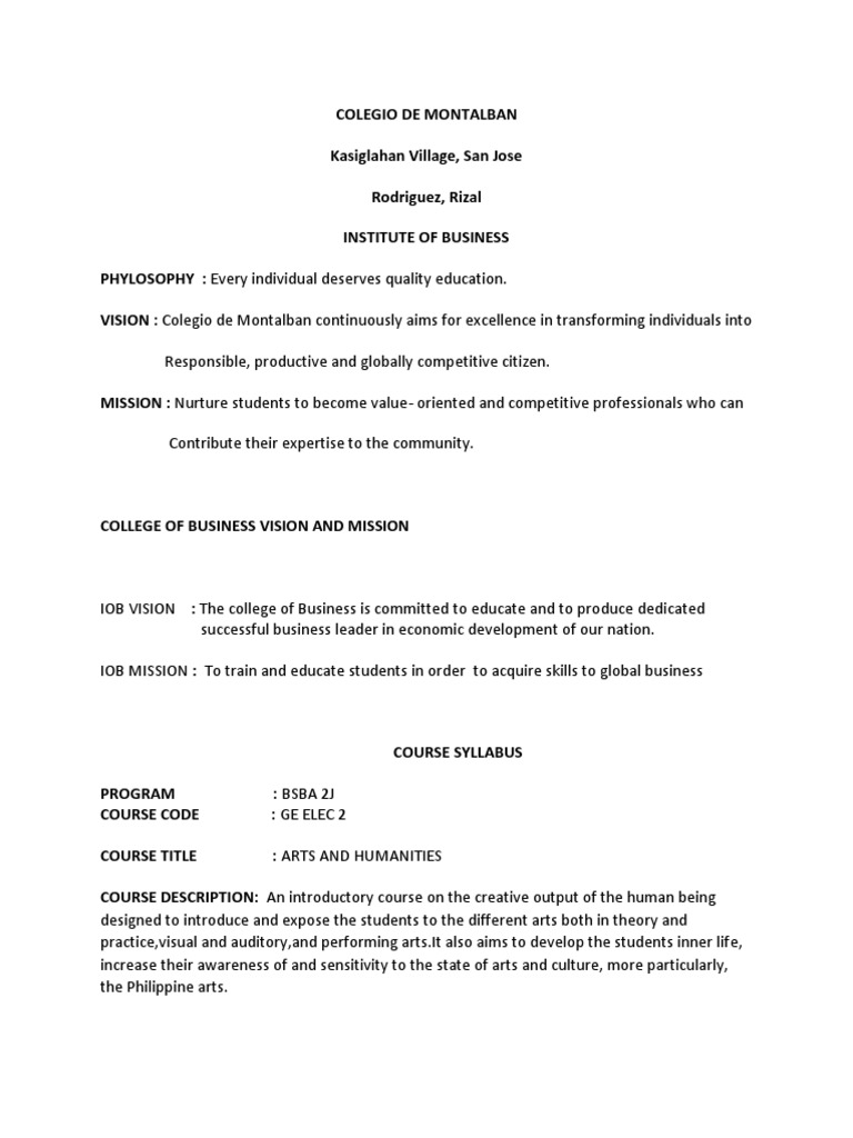 Arts and Humanities Syllabus for BSBA 2J | PDF | The Arts | Paintings
