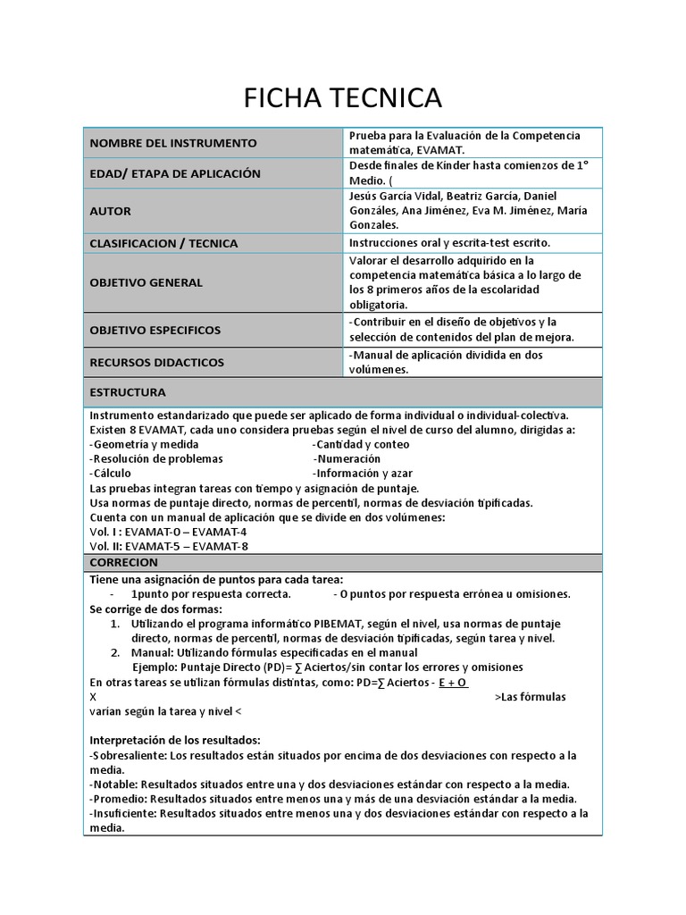 EVAMAT Ficha Tecnica | Descargar gratis PDF | Desviación Estándar | Informática