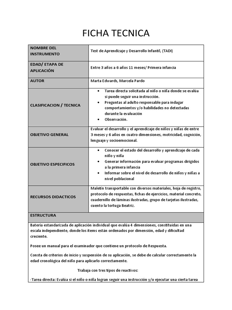 TADI Ficha Tecnica | Descargar gratis PDF | Aprendizaje | Evaluación
