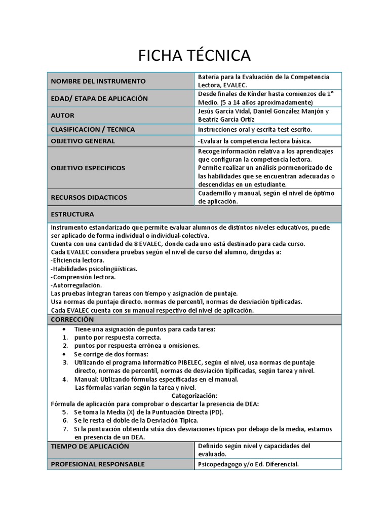EVALEC Ficha Tecnica | PDF | Aprendizaje | Cognición