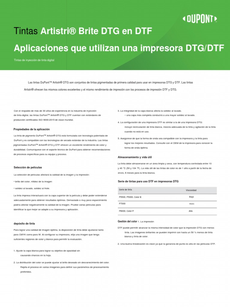 Artistri® Brite DTG Inks in DTF Applications-Esp | PDF | Impresora (Computación) | Tinta