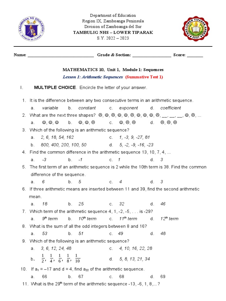 Grade 10 Arithmetic Sequences Test | PDF | Elementary Mathematics | Algebra