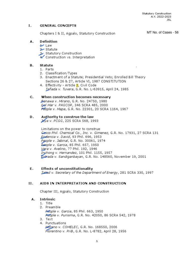 Statutory Construction Course Outline 2022 2023 JSL | PDF