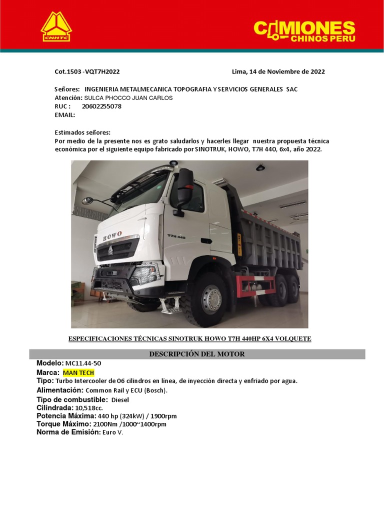 Cot1503 - SINOTRUK HOWO T7H 6x4 - VOLQUETE 440HP MT - HARDOX ...