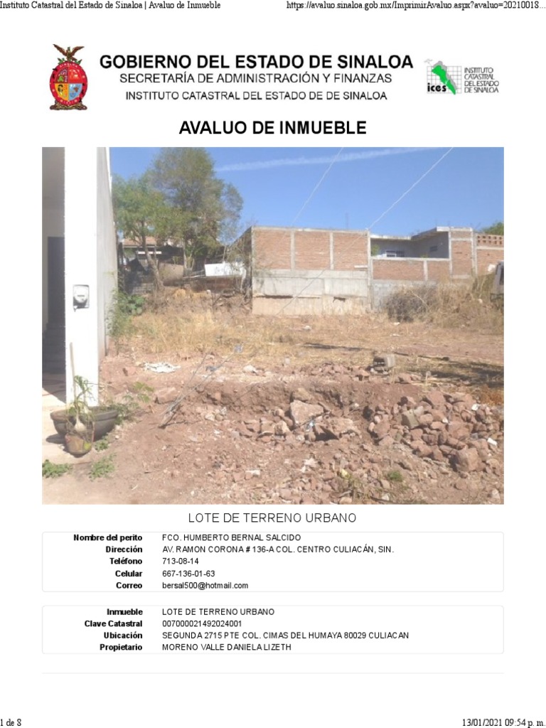 Avaluo de Inmueble: Lote de Terreno Urbano | PDF