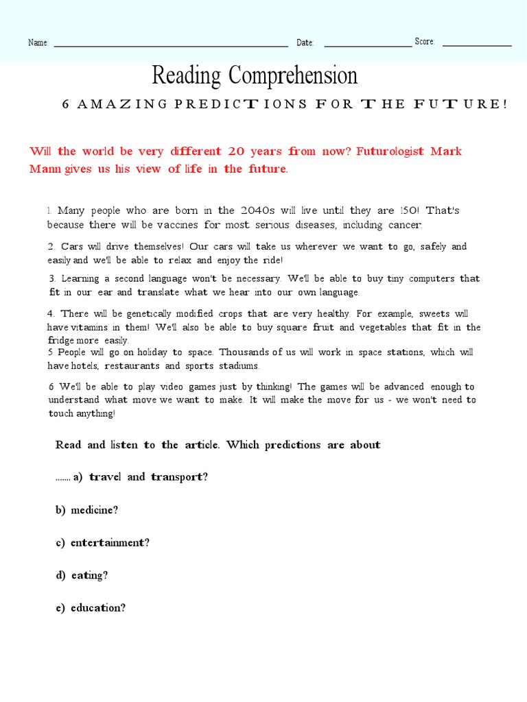 Reading Comprehension: 6 Amazing Predictions For The Future! | PDF