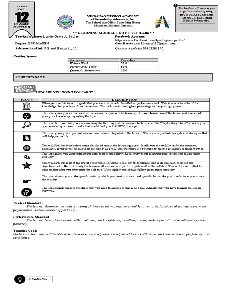 1st Quarter Module 2 GRADE 12 P.E and Health 2021 2022 | PDF