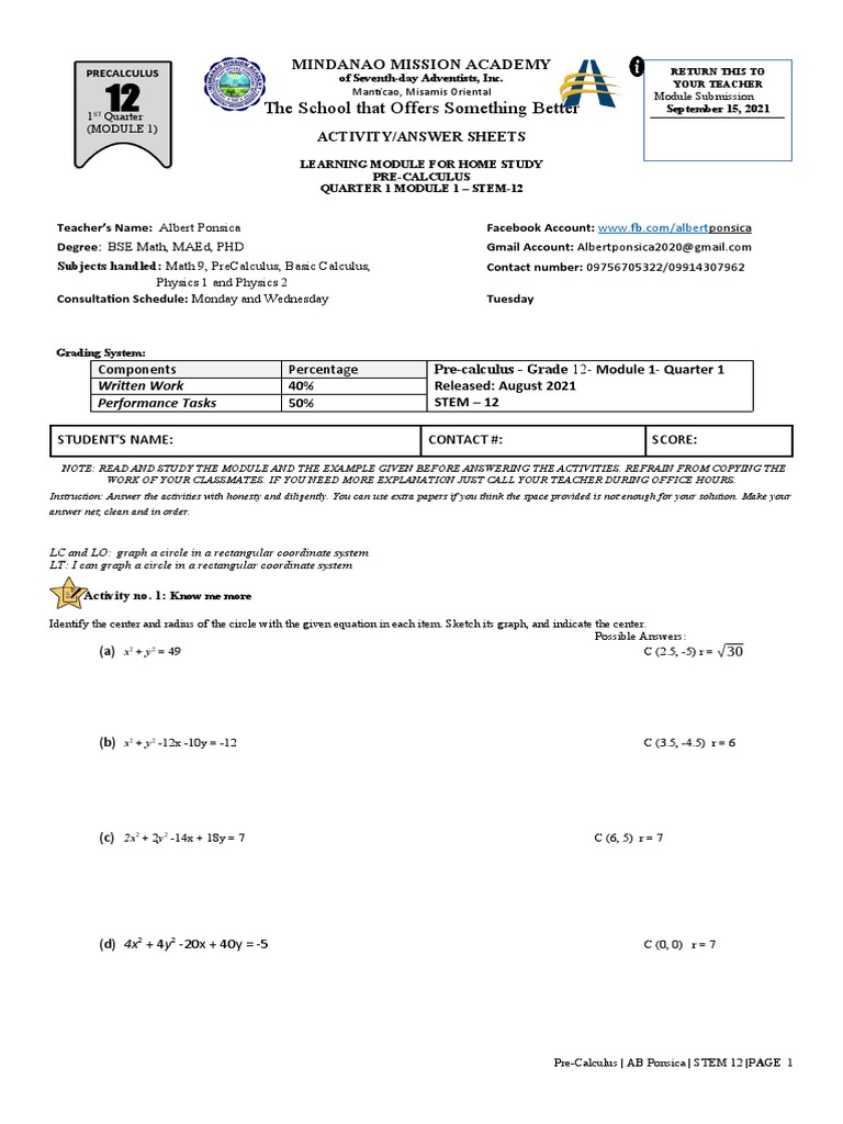 1st Sem Precal Q1 M1 August 22 23 Activity Sheet | PDF | Ellipse | Differential Geometry