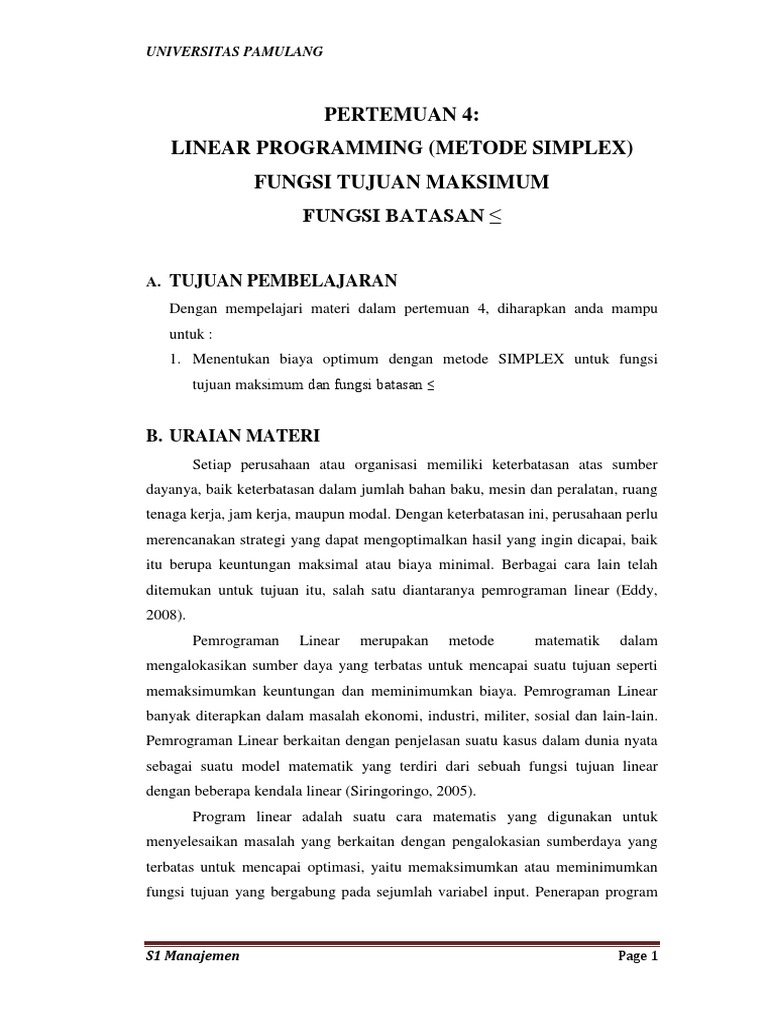 Pertemuan 4: Linear Programming (Metode Simplex) Fungsi Tujuan Maksimum ...