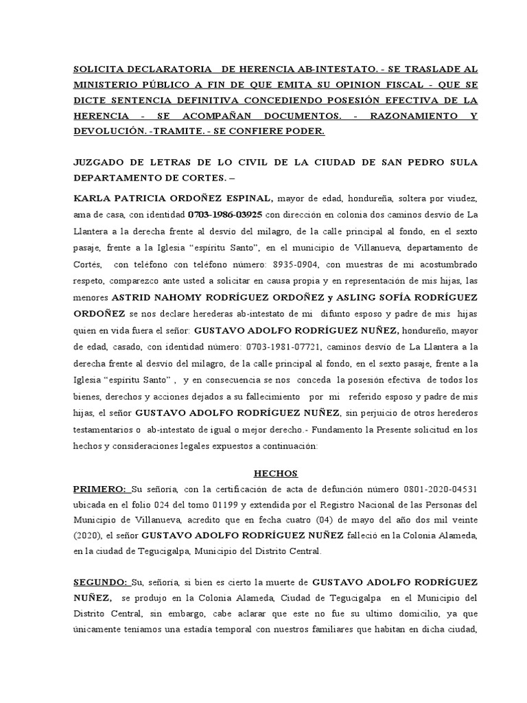 Solicita Declaratoria de Herencia Ab Karla Espinal | PDF | Honduras ...