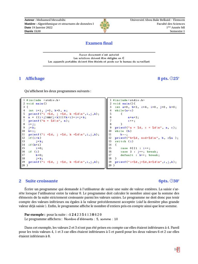 Examen1 Algorithmique Et Structures de Données 1 | PDF | Programmation informatique | Informatique