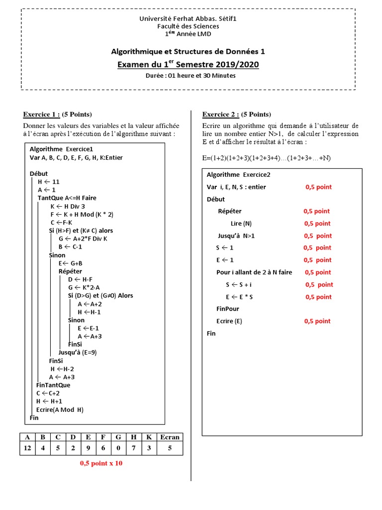 Examen Algorithmique et Structures 1 | PDF | C ++ | Gestion informatique