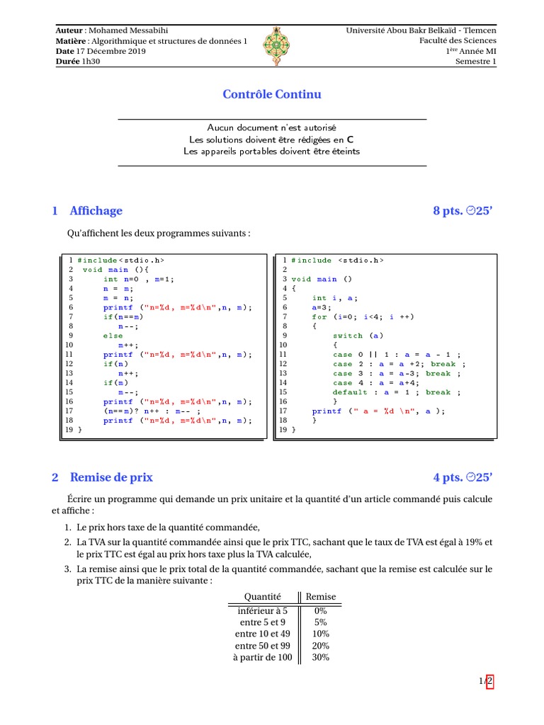 Examen5 Algorithmique Et Structures de Données 1 | PDF | Taxe sur la valeur ajoutée ...
