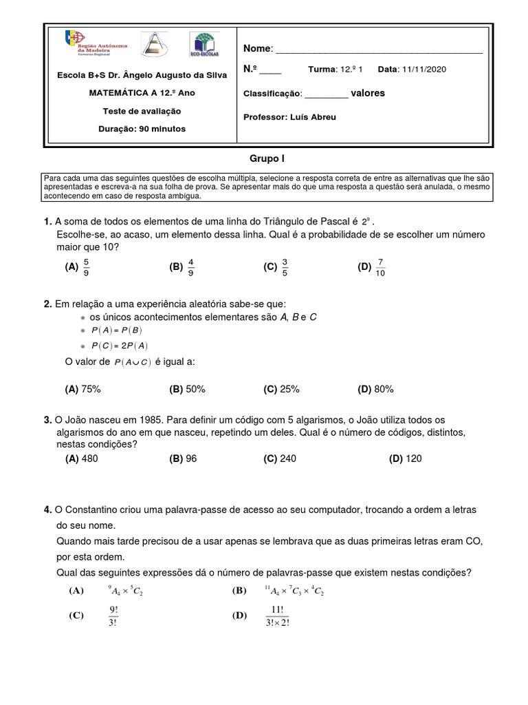 Testes Mat 12 Ano | PDF | Probabilidade | Matemática