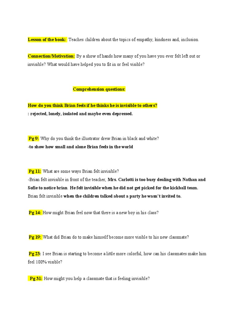 Invisible Boy Read Aloud Comprehension Questions | PDF