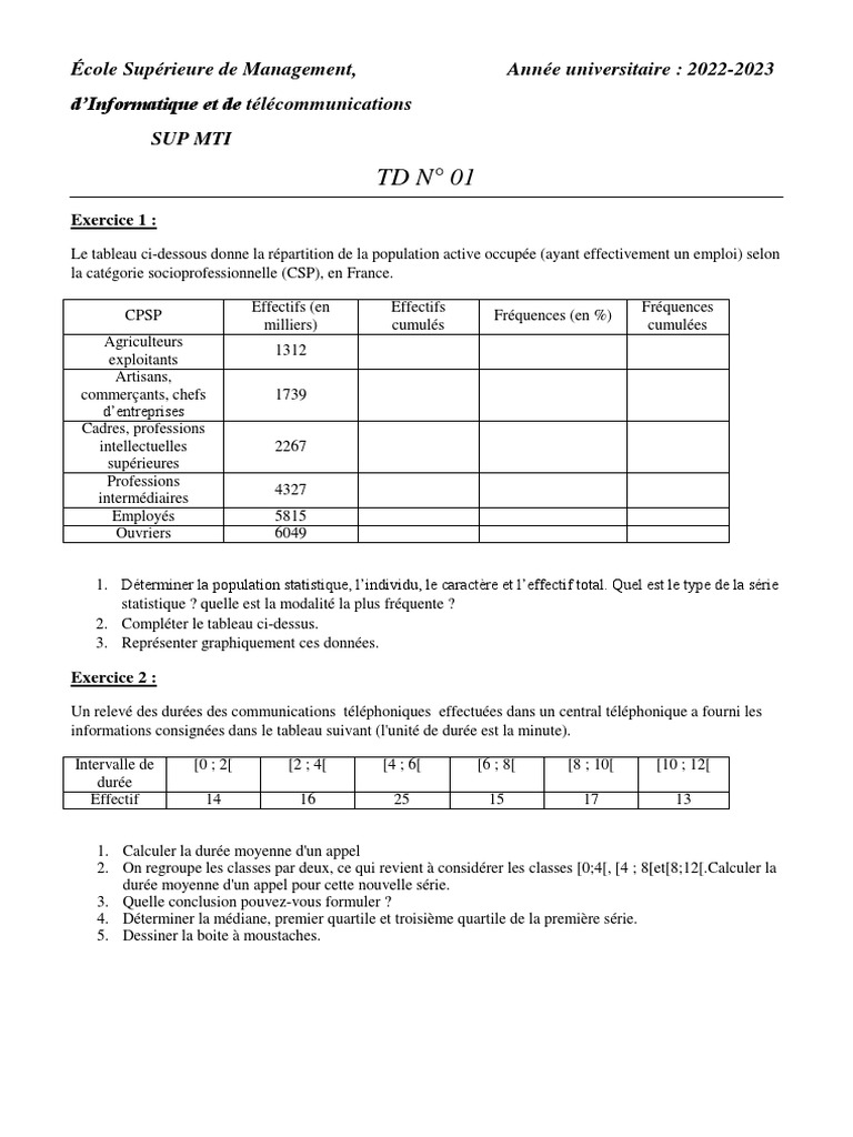 Exercices Stat Desc | PDF | Moyenne | Écart type