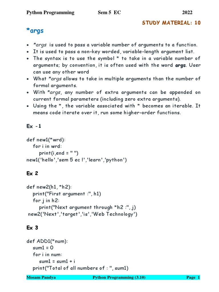 Class Note 10 - Python Programming - Args - Kwargs - Try - Excp | PDF | Computer Programming ...