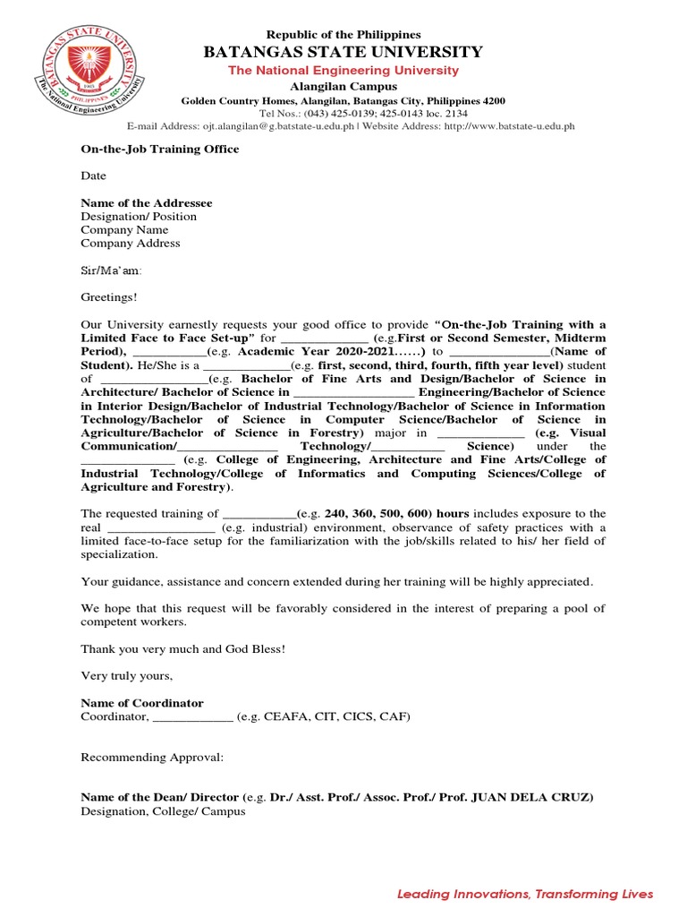 OJT Endorsement Letter Template | PDF | Bachelor's Degree | Science